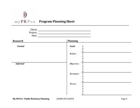 Public Relations Program Planning Sheet Pdf Business Business And Finance