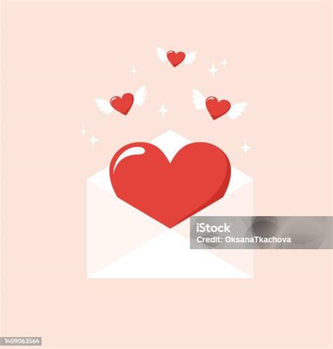 내부에 빨간 하트가 있는 종이 봉투와 베이지색 배경에 날아다니는 날개 달린 하트 평면 벡터 그림 귀여운에 대한 스톡 벡터 아트 및 기타 이미지 Istock