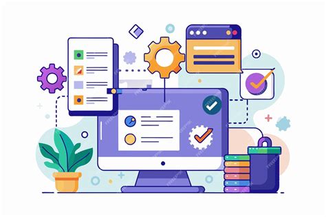 a modern workspace with a computer displaying coding elements gears and