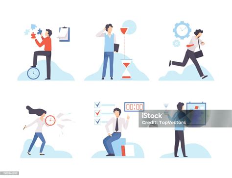 사업가들이 계획하고 일정을 잡습니다 업무 및 마감 시간을 관리하는 사무원 사업 계획 시간 관리 플랫 벡터 일러스트레이션 경영자에