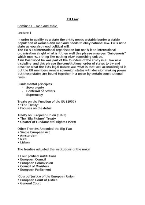 Eu Law Lecture 1 Ecxture 3 Notes Eu Law Seminar 1 Map And Table