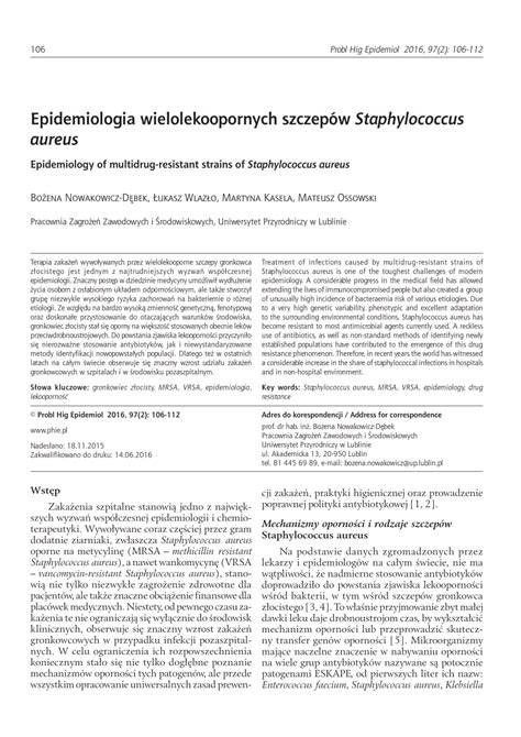 Pdf Epidemiologia Wielolekoopornych Szczepów Staphylococcus Aureus