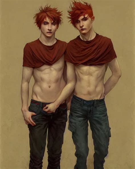 Portrait Of Year Old Male Twins With Red Hair Stable Diffusion