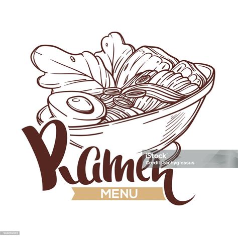 라면 메뉴 그릇 가득 국수 스케치 레터링 일본 레스토랑에 대 한 구성으로 벡터 로고 템플릿 라면 국수에 대한 스톡 벡터 아트 및