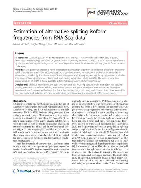 Pdf Estimation Of Alternative Splicing Isoform Frequencies From Rna Seq Data