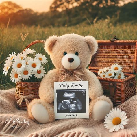 Daisy Teddy Bear Pregnancy Announcement Gender Neutral Editable