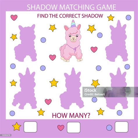 아이 섀도 일치 게임 찾아 정확한 그림자 만화 귀여운 라마 재미 있는 수수께끼 엔터테인먼트입니다 아기를 위한 활동 페이지입니다 아이 셀 게임 생일 장식입니다 벡터