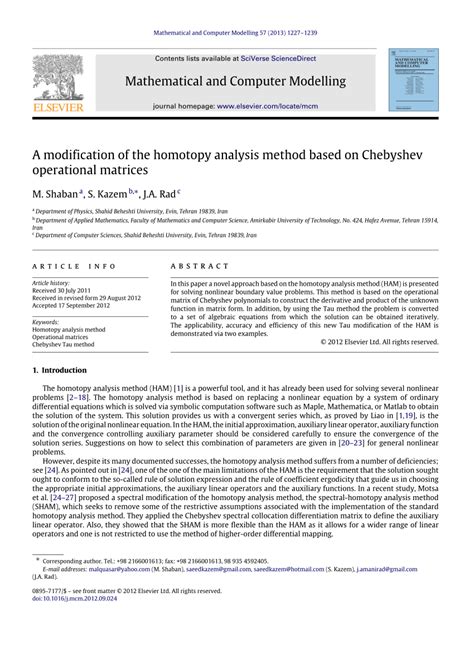 Pdf A Modification Of The Homotopy Analysis Method Based On Chebyshev Operational Matrices