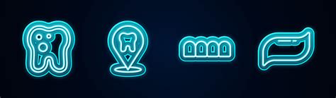 Set Line Gigi Dengan Karies Lokasi Klinik Gigi Model Gigi Palsu Dan Pasta Gigi Ikon Neon