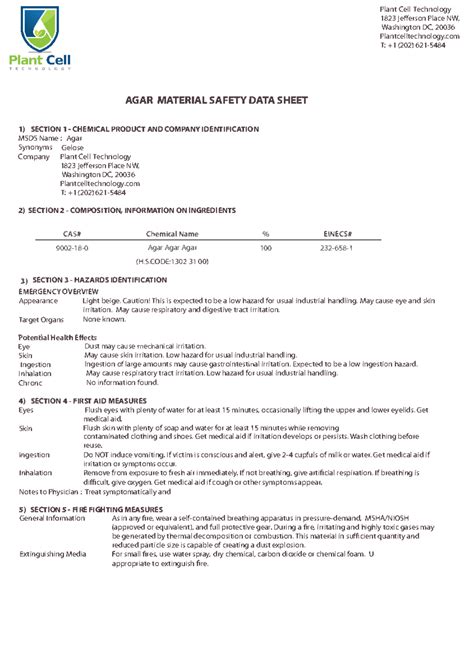Pct Msds Agar Agar Pdf Agar Material Safety Data Sheet 1 Section