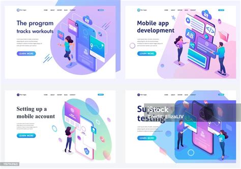 아이소메트릭 방문 페이지 개념 모바일 애플리케이션 테스트 모바일 애플리케이션 개발 및 설정 설정 웹 사이트 및 모바일 앱 개발용 개발에 대한 스톡 벡터 아트 및 기타 이미지