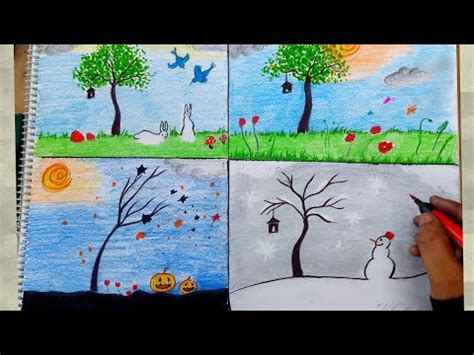 How To Draw Four Seasons I How To Draw Four Seasons Summer Rainy Winter And Spring Youtube