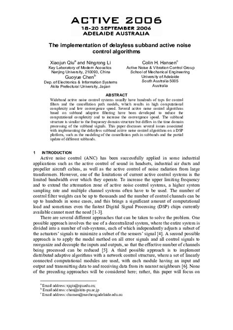 Pdf The Implementation Of Delayless Subband Active Noise Control Algorithms