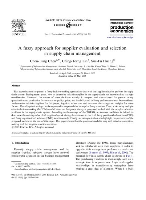 Pdf A Fuzzy Approach For Supplier Evaluation And Selection In Supply Chain Management