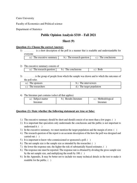 Sheet 9 Pdf Sampling Statistics Opinion Poll