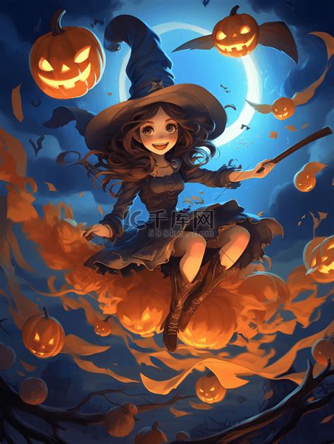卡通魔法女孩南瓜灯万圣节4插画图片 千库网