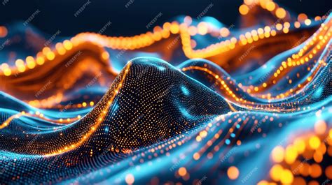 Abstract Digital Landscape With Orange And Blue Glowing Dots Forming