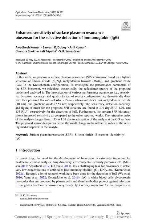 Enhanced Sensitivity Of Surface Plasmon Resonance Biosensor For The