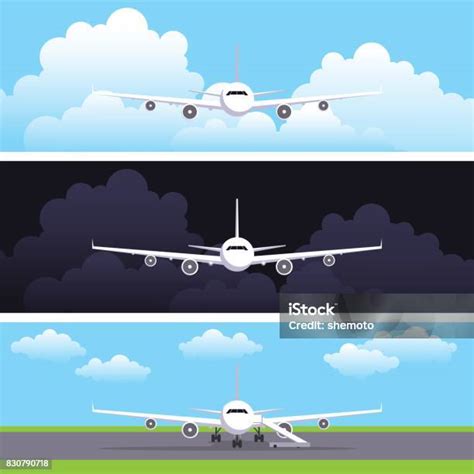 평면 벡터 웹 배너 비행기로 설정입니다 하루 비행 야간 비행입니다 공항에서 착륙 스트립에 비행기 비용 머리글 또는 플라이어 벡터 템플릿 비행기에 대한 스톡 벡터 아트 및