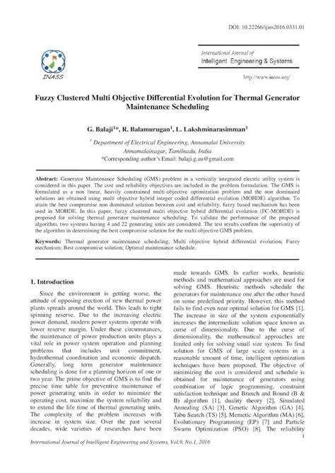 PDF Fuzzy Clustered Multi Objective Differential Evolution For Hydrothermal Coordination