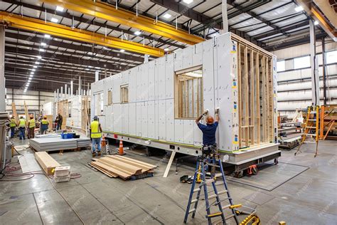 Workers Assembling Modular Home Panels Precise Measurements Industrial Machinery In Spacious