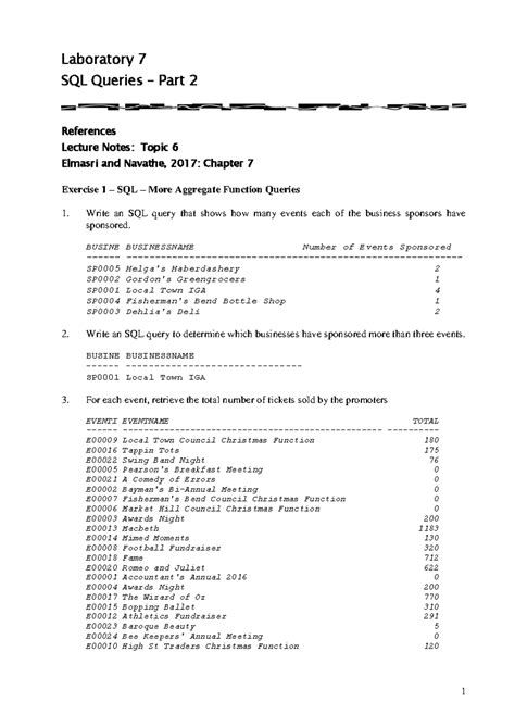 Lab 7 Materials Lab Classes Laboratory 7 Sql Queries Part 2 References Lecture Notes