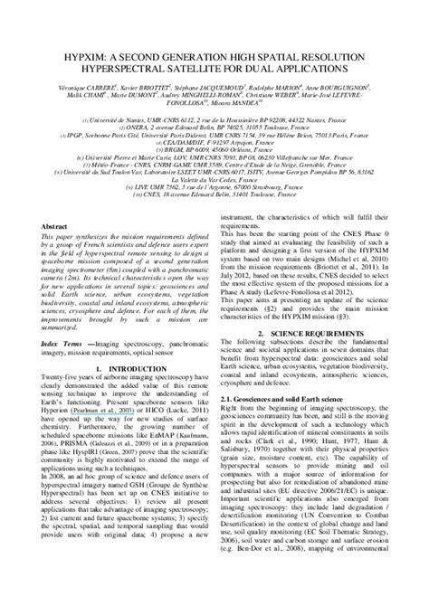 Pdf Hypxim A Second Generation High Spatial Resolution Hyperspectral Satellite For Dual