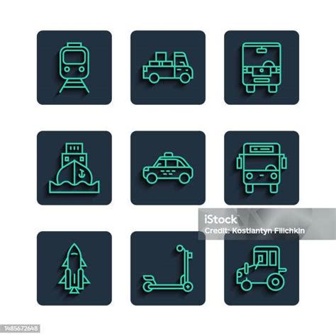 화재 스쿠터 트랙터 버스 택시 차량 화물 기차 및 철도 및 아이콘으로 로켓 우주선을 설정하십시오 벡터 Launch Party에