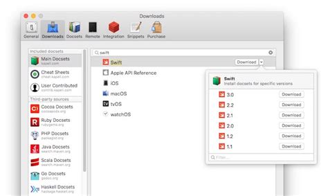 Mac用スニペットアプリ「dash 3」がアップデートし、swiftドキュメントのバージョン選択が可能に。 Aapl Ch