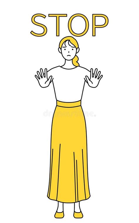 A Casually Dressed Young Woman With Her Hand Out In Front Of Her Body Signaling A Stop Stock