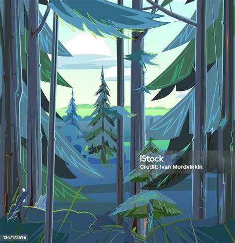 나무와 전나무 나무가있는 야간 풍경 아침이 오고있다 황혼의 자연 숲 어두운 여름 장면 만화 스타일의 평면 디자인에 그림 벡터 0명에 대한 스톡 벡터 아트 및 기타 이미지