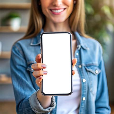 Woman Using Phone With White Screen While Lying On Sofa At Home Mock Up Screen Premium AI