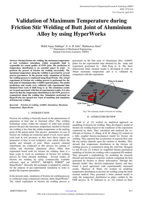 Pdf Validation Of Maximum Temperature During Friction Stir Welding Of Butt Joint Of Aluminium