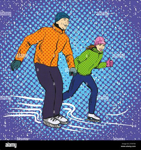 Man And Woman Ice Skating Vector Illustration In Pop Art Retro Style Winter Sports Vacation