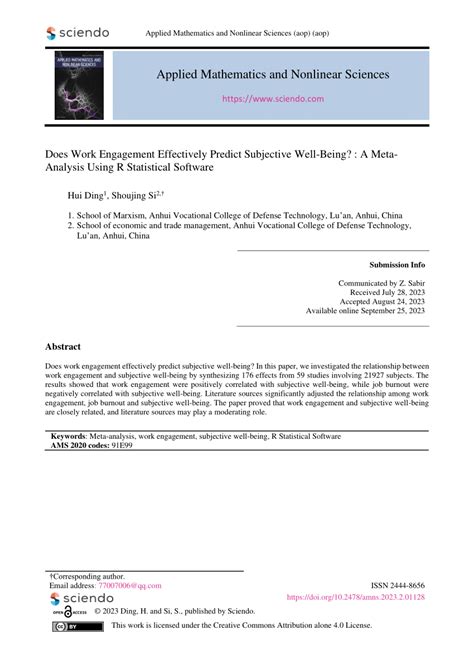 Pdf Does Work Engagement Effectively Predict Subjective Well Being A Meta Analysis Using R