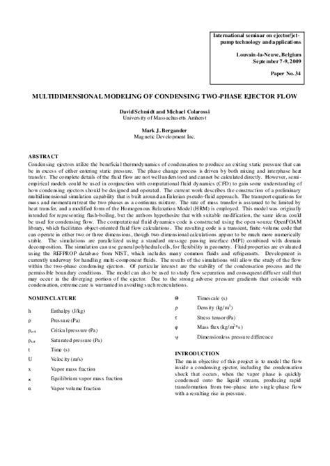 Pdf Multidimensional Modeling Of Condensing Two Phase Ejector Flow David Schmidt