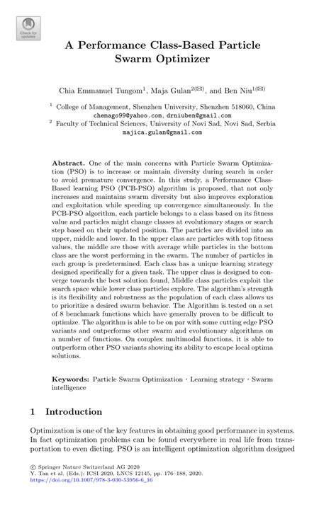 pdf a performance class based particle swarm optimizer