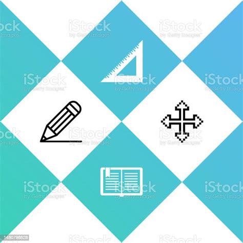연필과 선 책 열기 삼각형 눈금자 및 픽셀 화살표 네 방향 아이콘을 설정합니다 벡터 4가지 개체에 대한 스톡 벡터 아트 및 기타 이미지 4가지 개체 개념 검은색