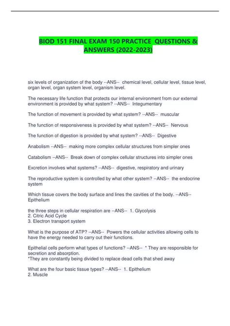 Biod 151 Final Exam 150 Practice Questions And Answers Biod151 Stuvia Us