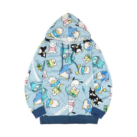 サンリオ Sanrio はぴだんぶい サンリオ キャラクターズ パーカー 総柄 レディース メンズ 天竺 ジップパーカー （ブルーグレー