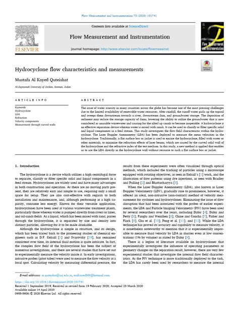 Hydrocyclone Flow Characteristics And Measurements Pdf Flow Measurement Optics