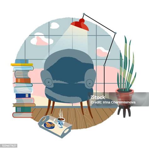 작업 인테리어 디자인 배경을위한 홈 오피스 안락 의자 식물 책 램프 음식과 커피의 더미 바닥에 창 보기 벡터 그림 현대 라이프 스타일 씬 원격 비즈니스 작업장 책에 대한