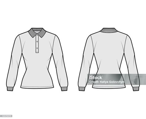 셔츠 폴로 는 긴 소매 튜닉 길이 헨리 버튼 넥 플랫 니트 칼라와 기술 패션 일러스트를 장착 0명에 대한 스톡 벡터 아트 및
