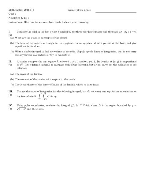 4 problems to evaluate the integrals quiz 5 math 2934 docsity