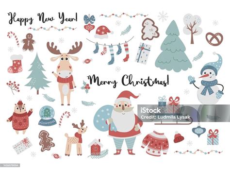 Ilustración De Colección Navidad Lindos Personajes De Dibujos Animados De Papá Noel Muñeco De