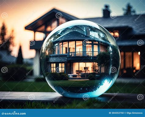 Glass Globe With Tiny Modern House Inside Near Big Real Cozy House With Lights In Windows In