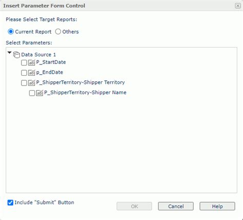 Insert Parameter Form Control Dialog Box Properties Logi Analytics