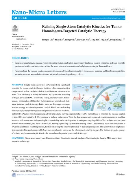 Pdf Refining Single Atom Catalytic Kinetics For Tumor Homologous Targeted Catalytic Therapy