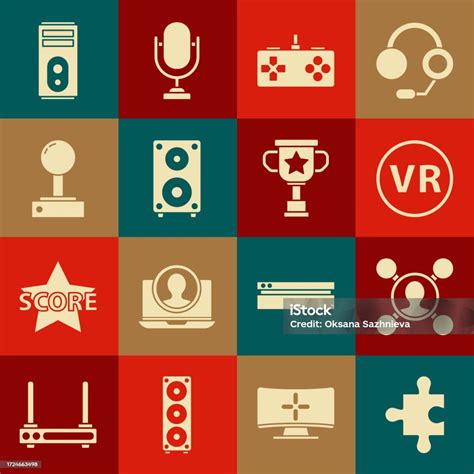퍼즐 조각 공유 가상 현실 안경 게임 패드 스테레오 스피커 아케이드 기계용 조이스틱 컴퓨터 및 수상 컵 아이콘 벡터 1위에 대한 스톡 벡터 아트 및 기타 이미지 Istock