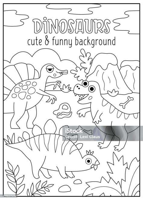 공룡과 함께 벡터 흑인과 백인 수직 장면 고대 시대 풍경 그림입니다 귀여운 라인 선사 시대 배경 Trex Spinosaurus와 함께 아이들을 위한 책 표지 재미있는 공룡